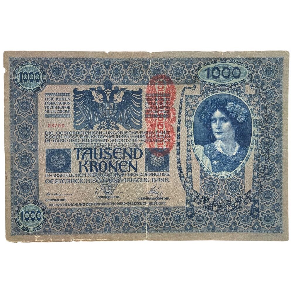 Австрия 1000 крон 1902 г. (Надпечатка Германской империи 1919 г.) (Серия 1430)
