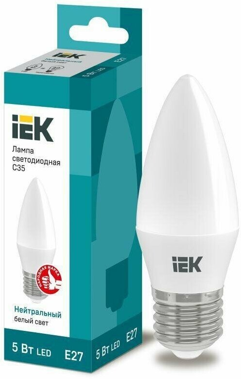 Лампа светодиодная Eco 5Вт C35 свеча 4000К нейтр. бел. E27 450лм 230-240В IEK LLE-C35-5-230-40-E27