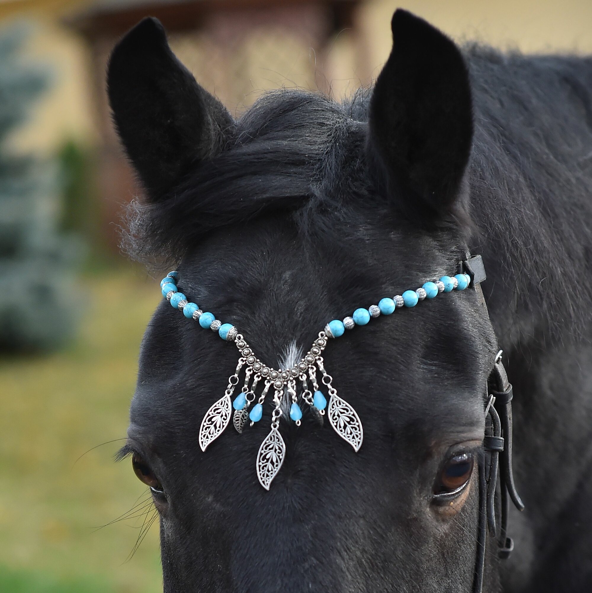 Налобник для лошади Серебристые листья+ бирюза, Pony