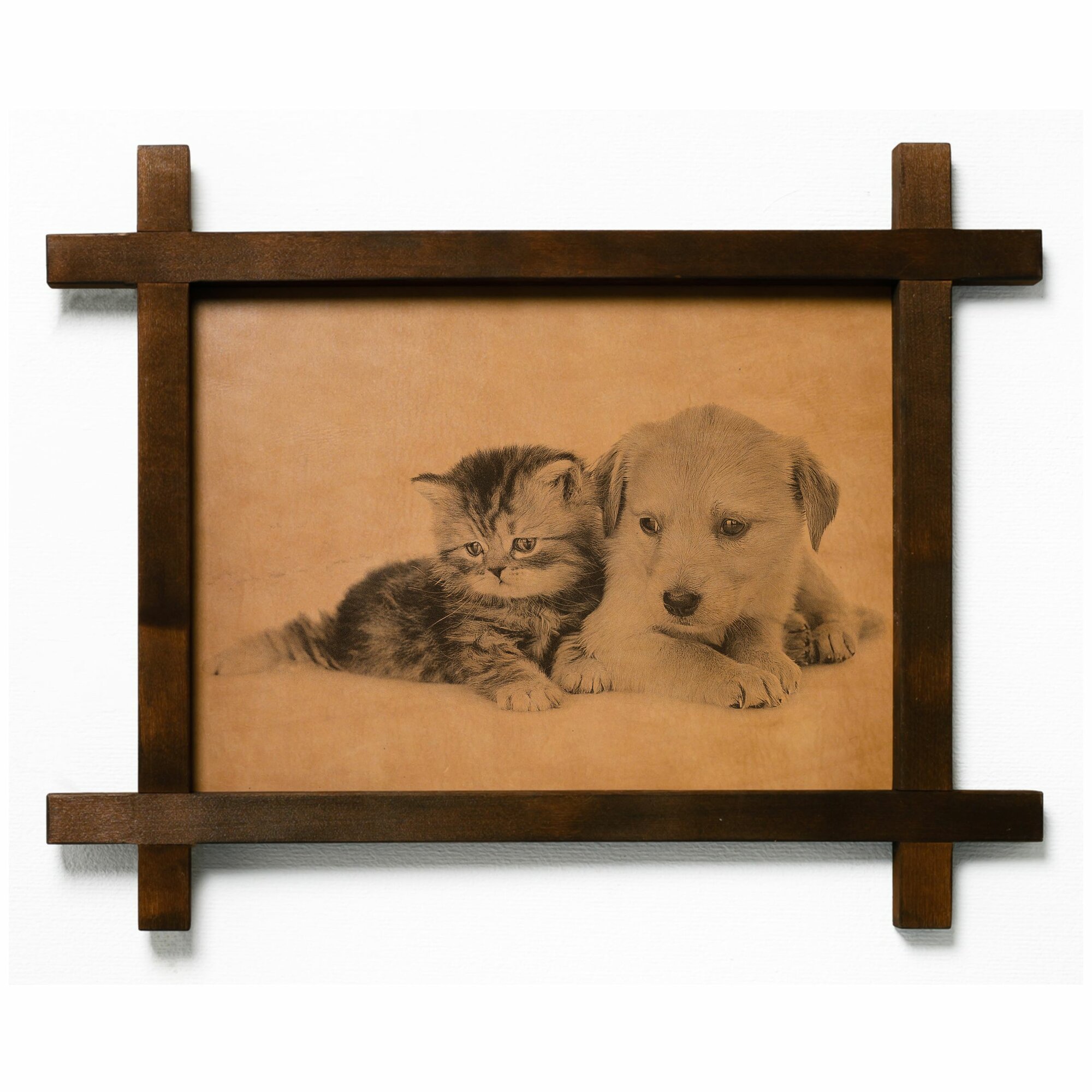 Картина интерьерная, натуральная кожа, "Котёнок и щенок", в деревянной раме, BoomGift