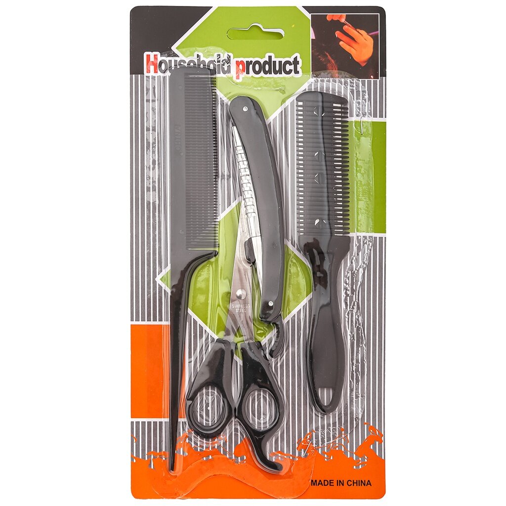 Набор для парикмахера Домашняя Мода "Домашняя парикмахерская" 4 предмета ножницы, расческа с ручкой, расческа с ручкой, с лезвием, бритва филировочная (828)