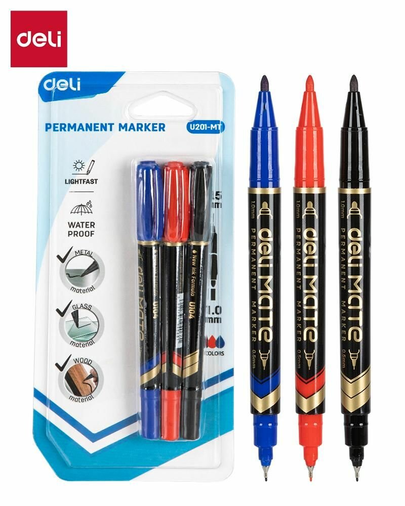 Маркеры перманентные Deli "Mate", 0,5-1 мм, 3 шт (1942972)