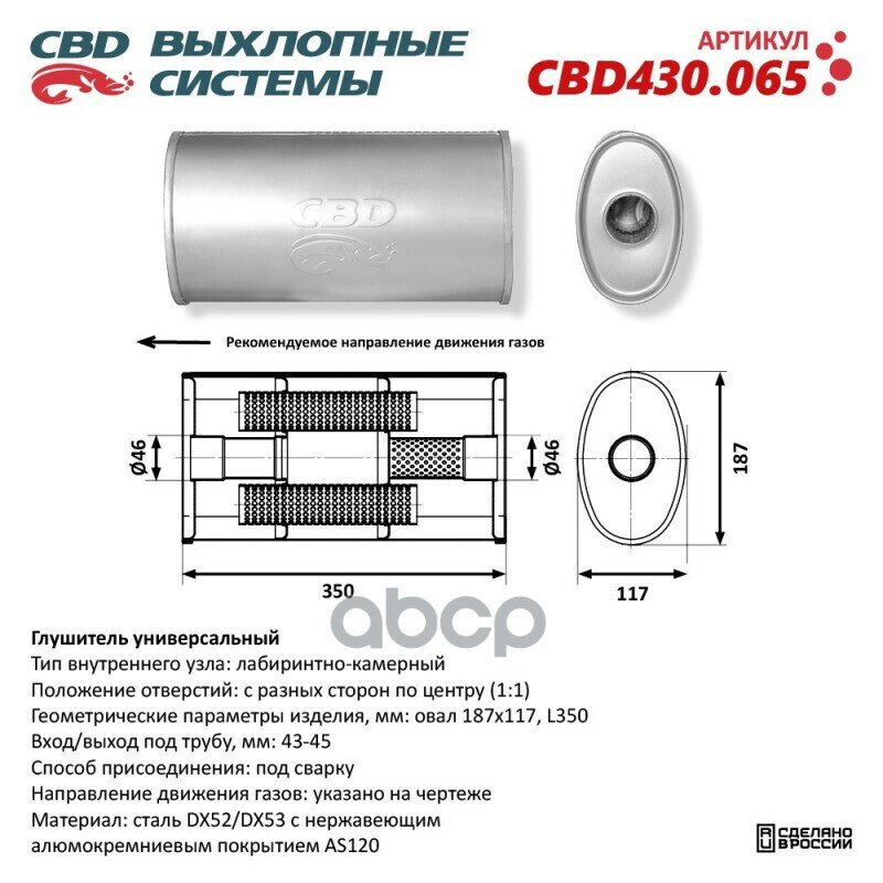 Глушитель CBD430.065. Нержавеющий. Овал D187*117, L350. CBD арт. CBD430065