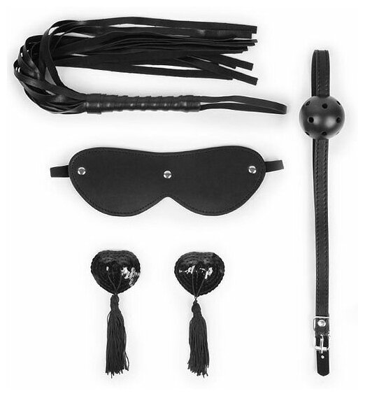 Bior toys Эротический набор в черном цвете: маска, кляп, пэстисы, плётка