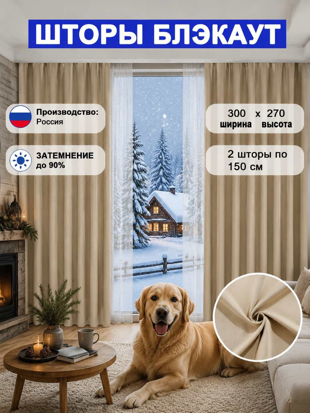 Шторы блэкаут 300x270 плотные светонепроницаемые для спальни и гостиной, полное затемнение, термошторы