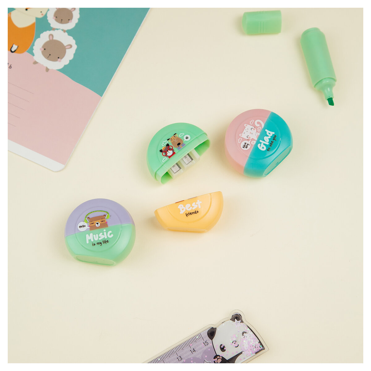 18 шт. Точилка пластиковая MESHU "Best friends", 2 отверстия, ассорти