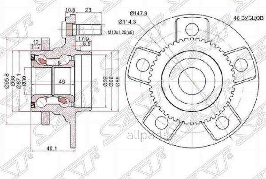 SAT ST-43200-1L000 Ступичный узел Infiniti I30 95-99 / Nissan Cefiro 94-00 (ABS/ Справа=Слева/ Сзади)