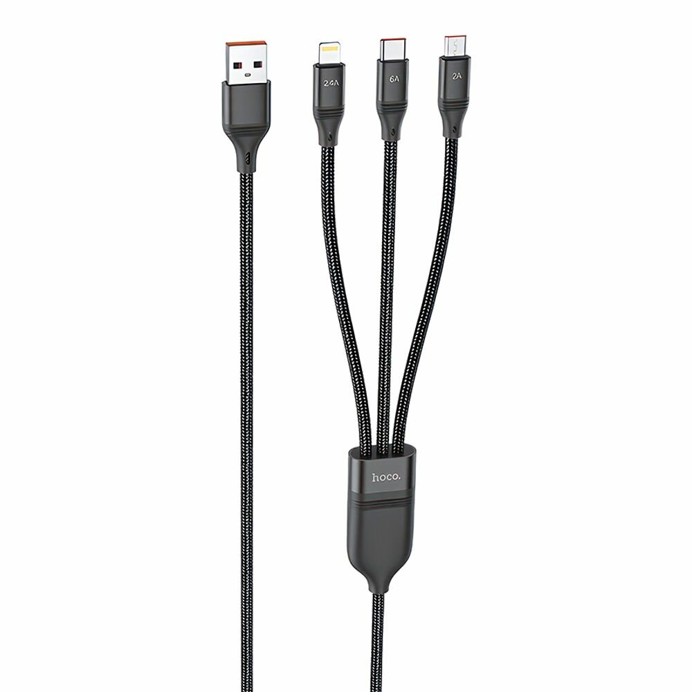 USB кабель HOCO U104 Ultra Lightning 8-pin/MicroUSB/Type-C, 6А, 66W, 3в1, 1.2м, нейлон (черный)