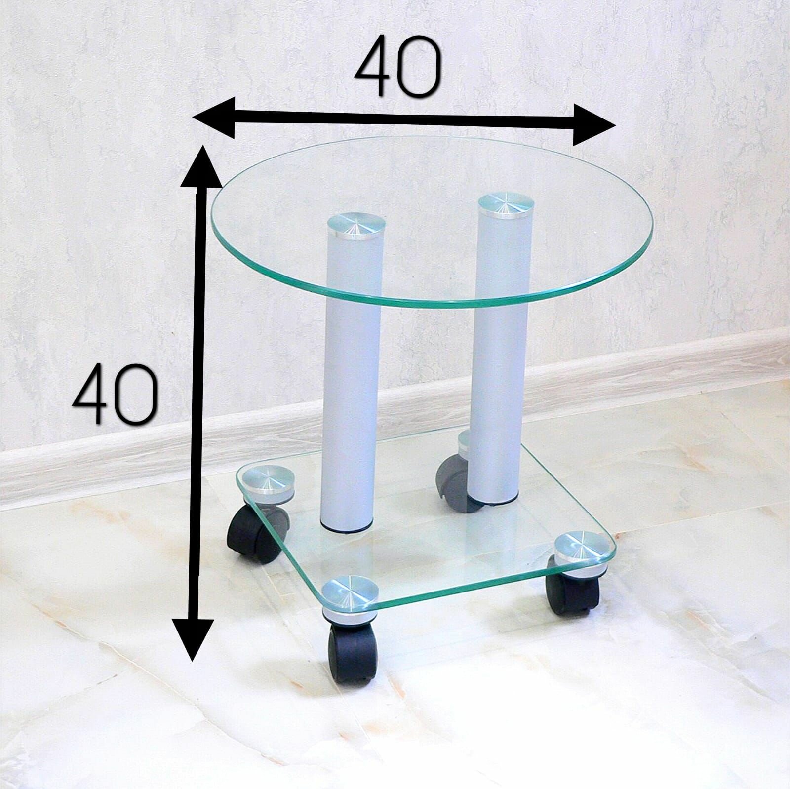 Стеклянный журнальный столик с полочкой на колёсиках Астра1 столешница закаленное стекло 8мм прозрачное, ножки металлические матовые