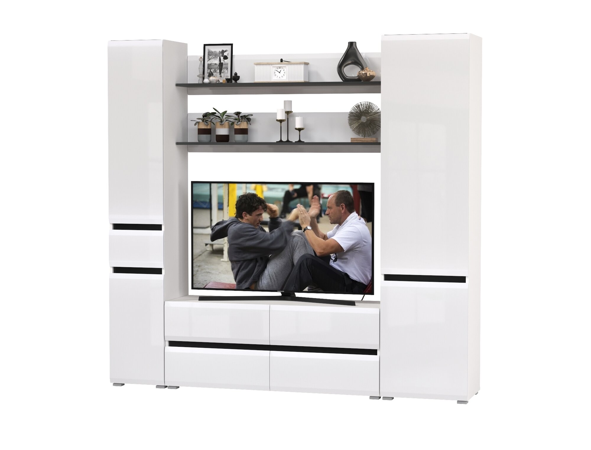 ТВ-тумбв с двумя полочками и шкафами Сидней № 71, цвет белый/чёрный/МДФ белый глянец, 214,9х41,3х205,2 см.