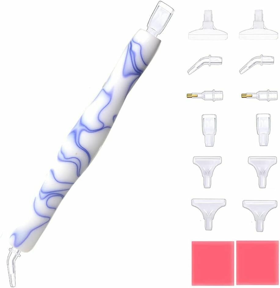 Стилус для алмазной мозаики, ABS пластик/металл, 6 насадок, клейкая лента, белый