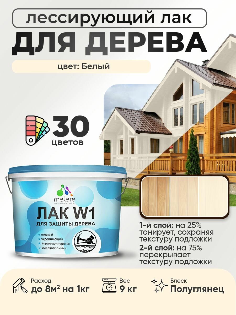 Лак колерованный тонирующий для дерева Malare W1 для деревянных и минеральных поверхностей, моющийся без запаха быстросохнущий, полуглянцевый, белый, 9 кг.