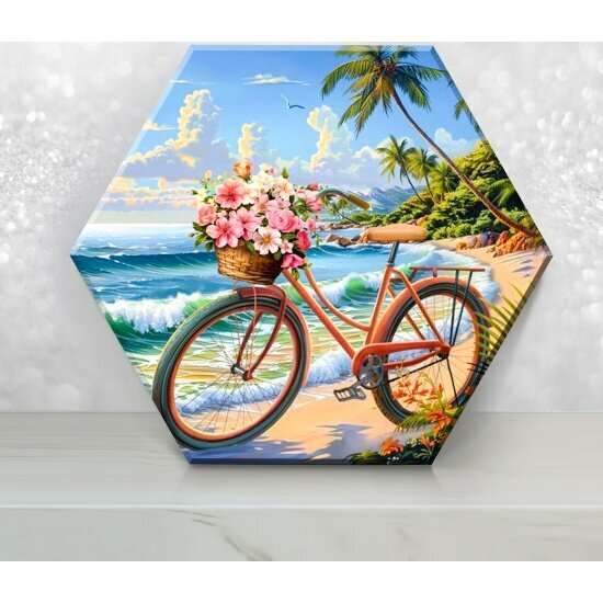 Картина по номерам с кристаллами из хрусталя Флюид VSH0001 Гексагон. Велосипед с корзиной цветов 37х32 см
