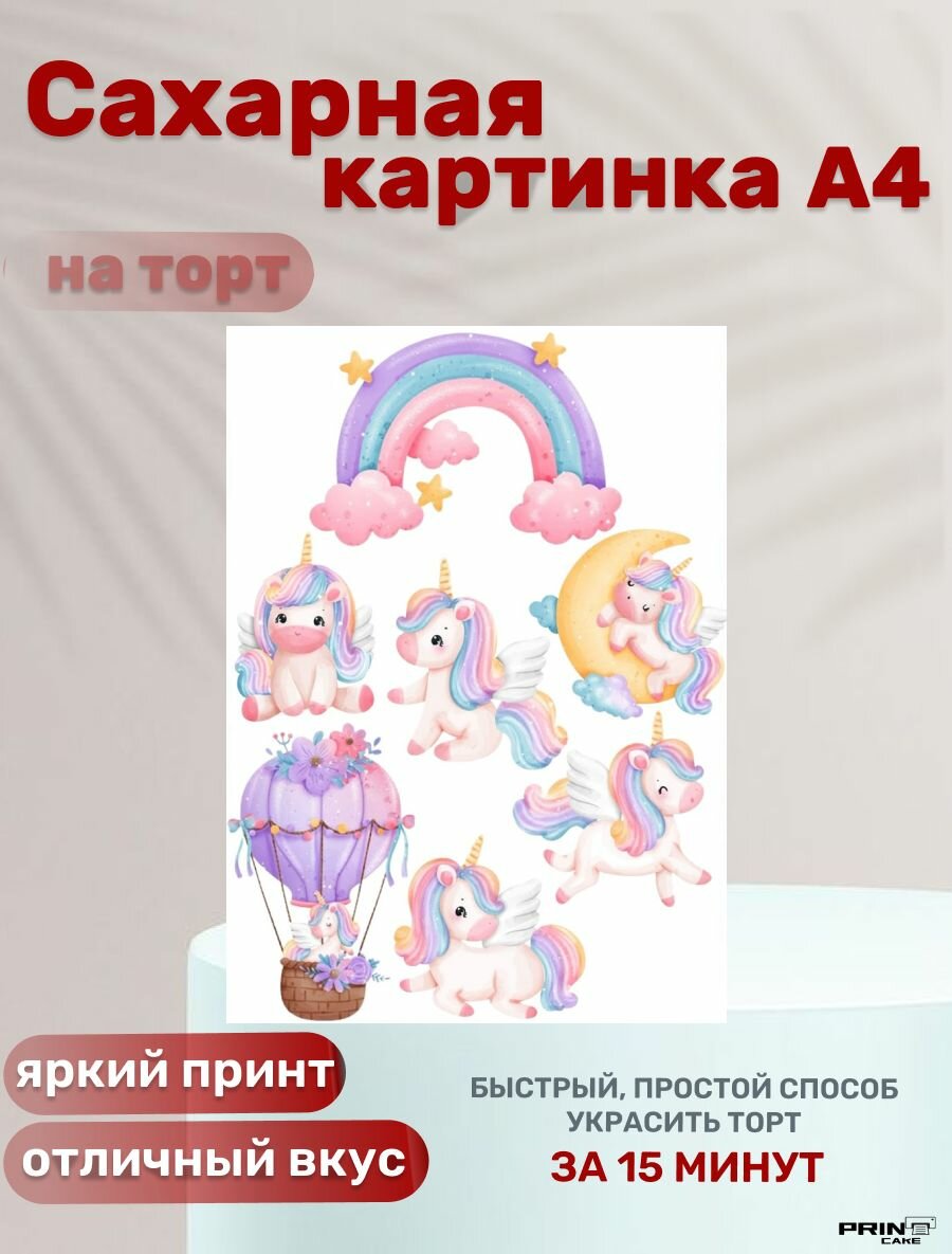 Сахарная картинка для торта Единороги/Пони на день рождения. Декор для выпечки, украшения для торта девочке.