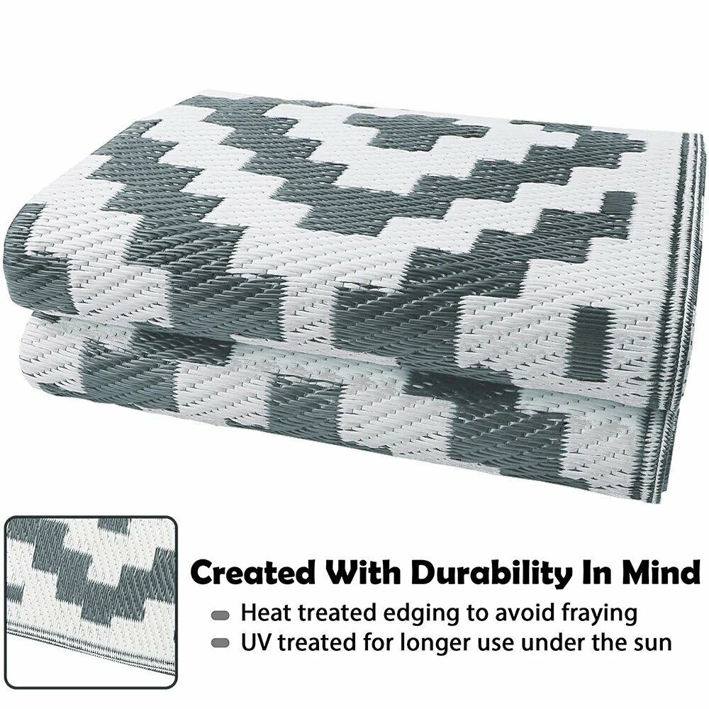 Большие уличные коврики для патио, двусторонние легко моющиеся коврики для дома на колесах, переносные летние водонепроницаемые плетеные пляжные коврики из ПП труб, серый, 180x270cm (6x9ft), Серый