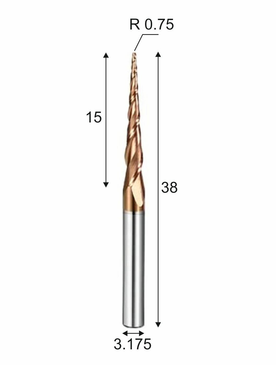 Фреза конусная двухзаходная сферическая для станков с ЧПУ R0.75х15х38х3.175