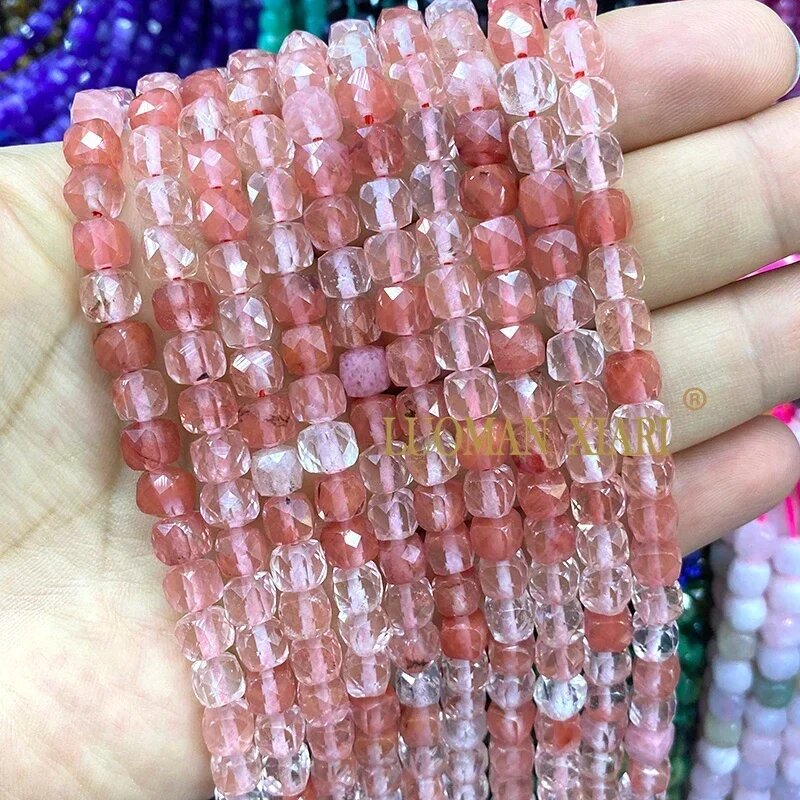 Розовые кубические бусины из халцедона 7-8 мм, red crystal
