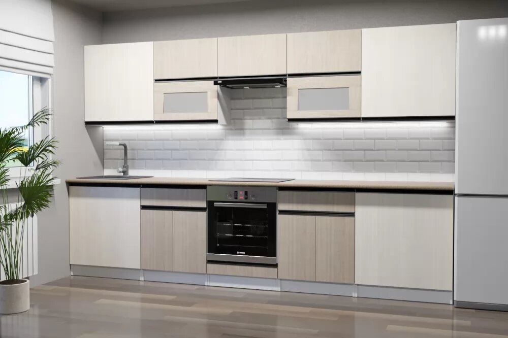 Кухонный гарнитур Герда Кварц экстра 3000 мм, каркас ЛДСП, фасад ЛДСП; Стекло, Белый/Латте/Карамель