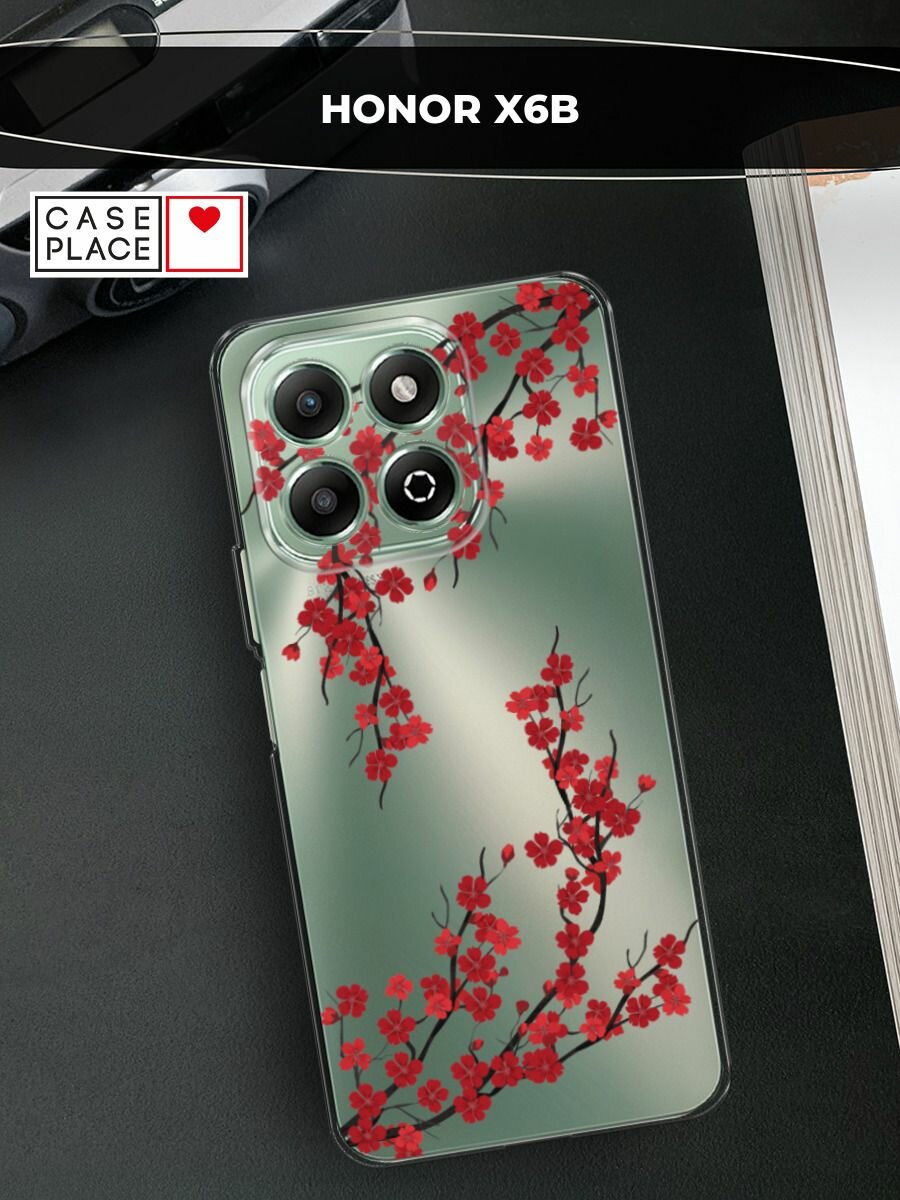 Чехол на Honor X6b / Хонор X6b с принтом "Красная сакура", прозрачный