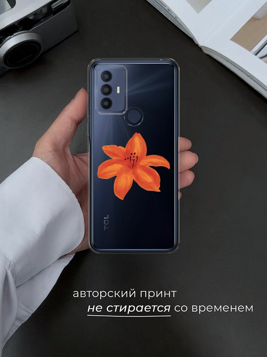 Чехол на TCL 30E/30 SE/305/306 / ТСЛ 30E с принтом "Оранжевый цветок", прозрачный — фото 1
