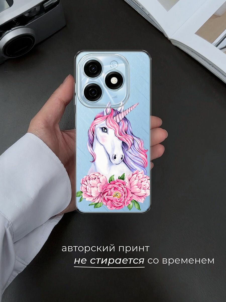 Чехол на Tecno Spark 20 / Текно Спарк 20 с принтом "Единорог с пионами", прозрачный — фото 1