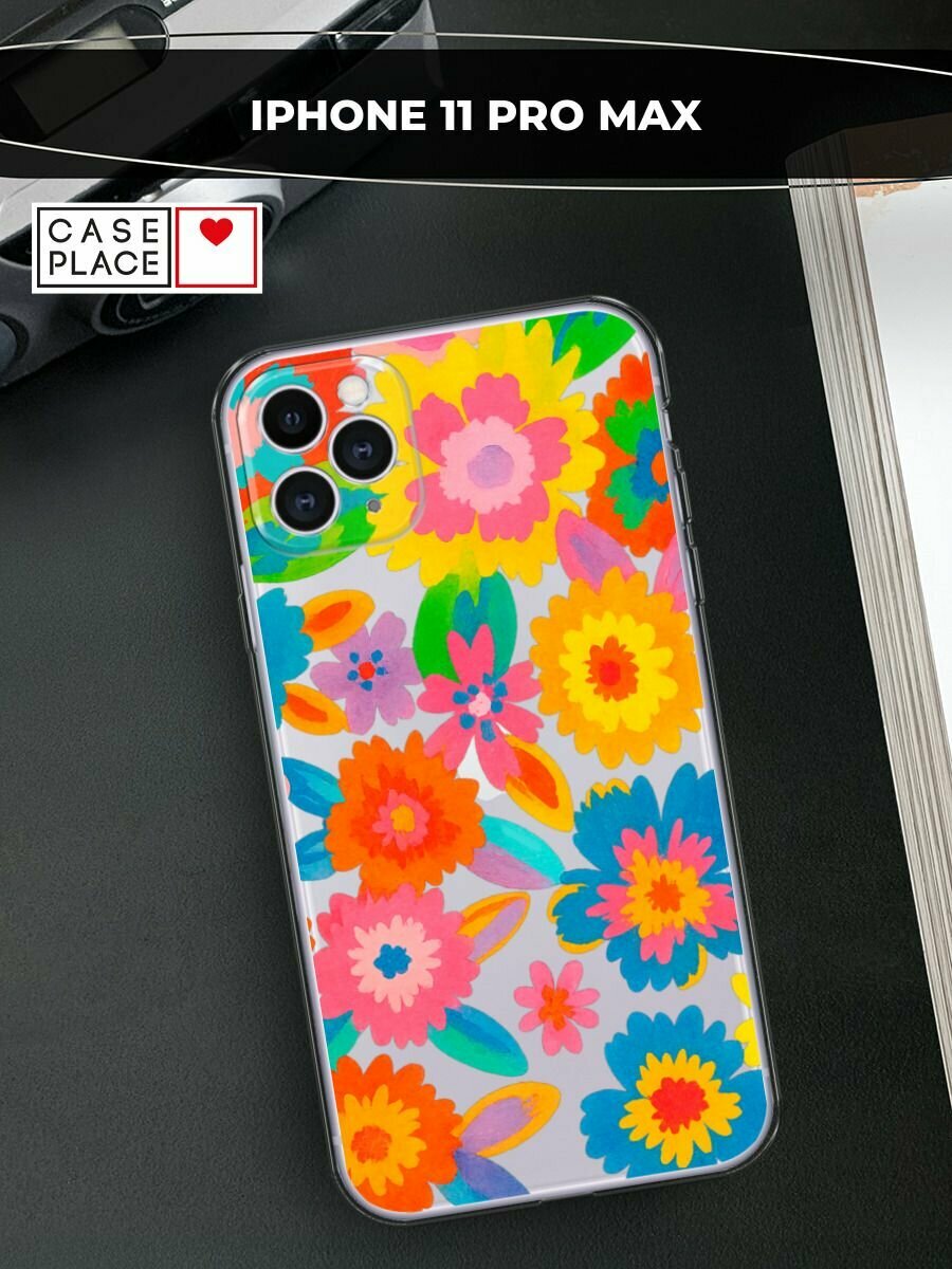 Чехол на Apple iPhone 11 Pro Max / Айфон 11 Про Макс с принтом "Абстрактные яркие цветы", прозрачный