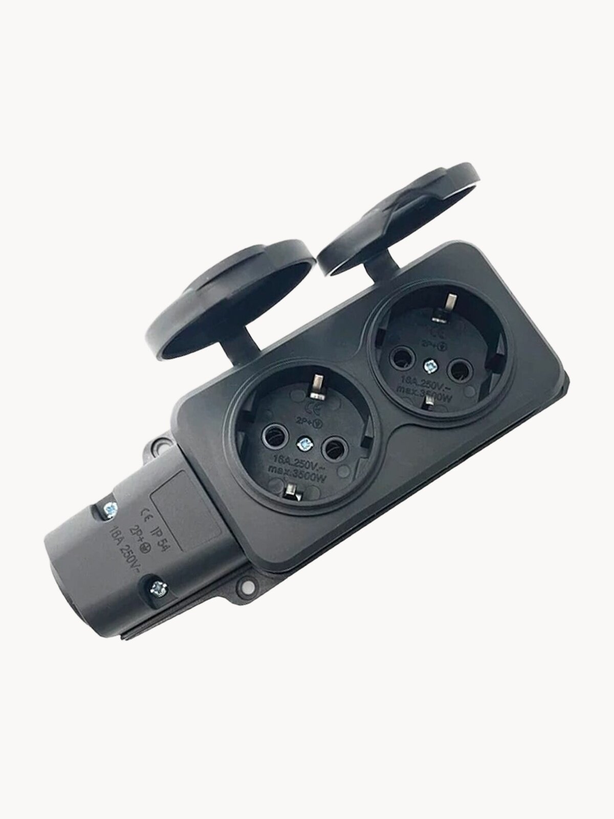 Колодка розеточная электрическая каучуковая с заземлением на 2 розетки, IP 54, черный