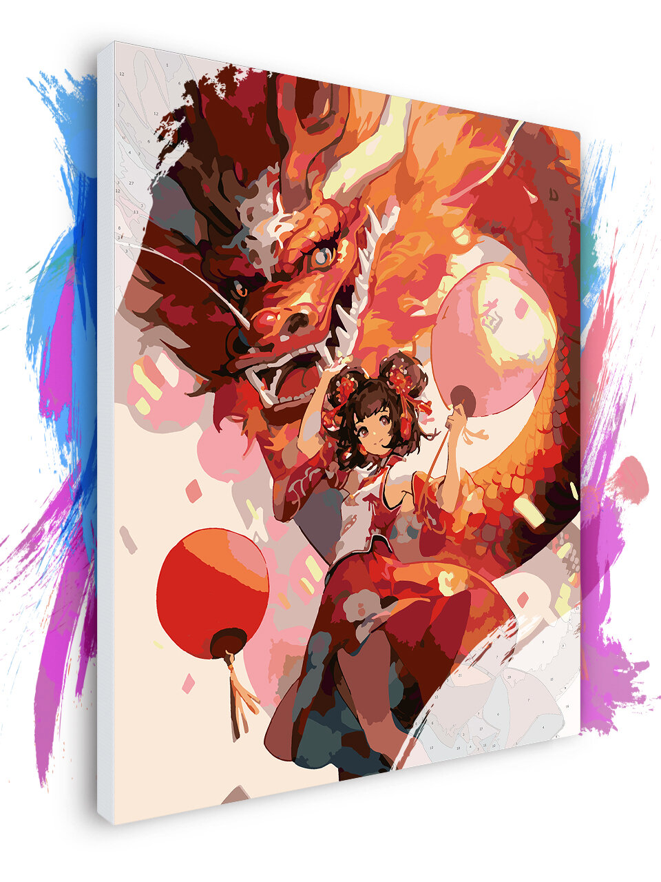 Картина по номерам на холсте Красный дракон и девушка, 90 х 120 см