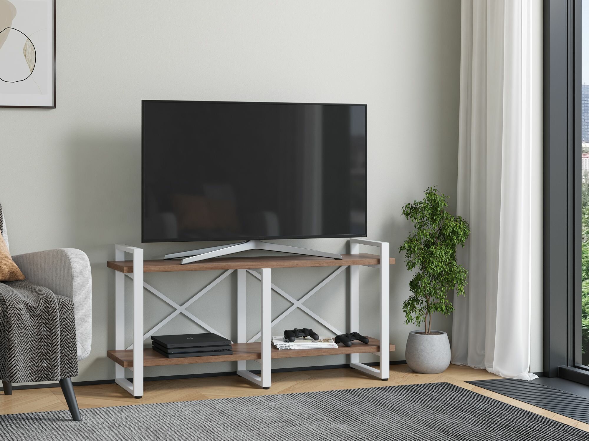 Тумба под ТВ Айсберг Лофт 120 белый/дуб крафт табак