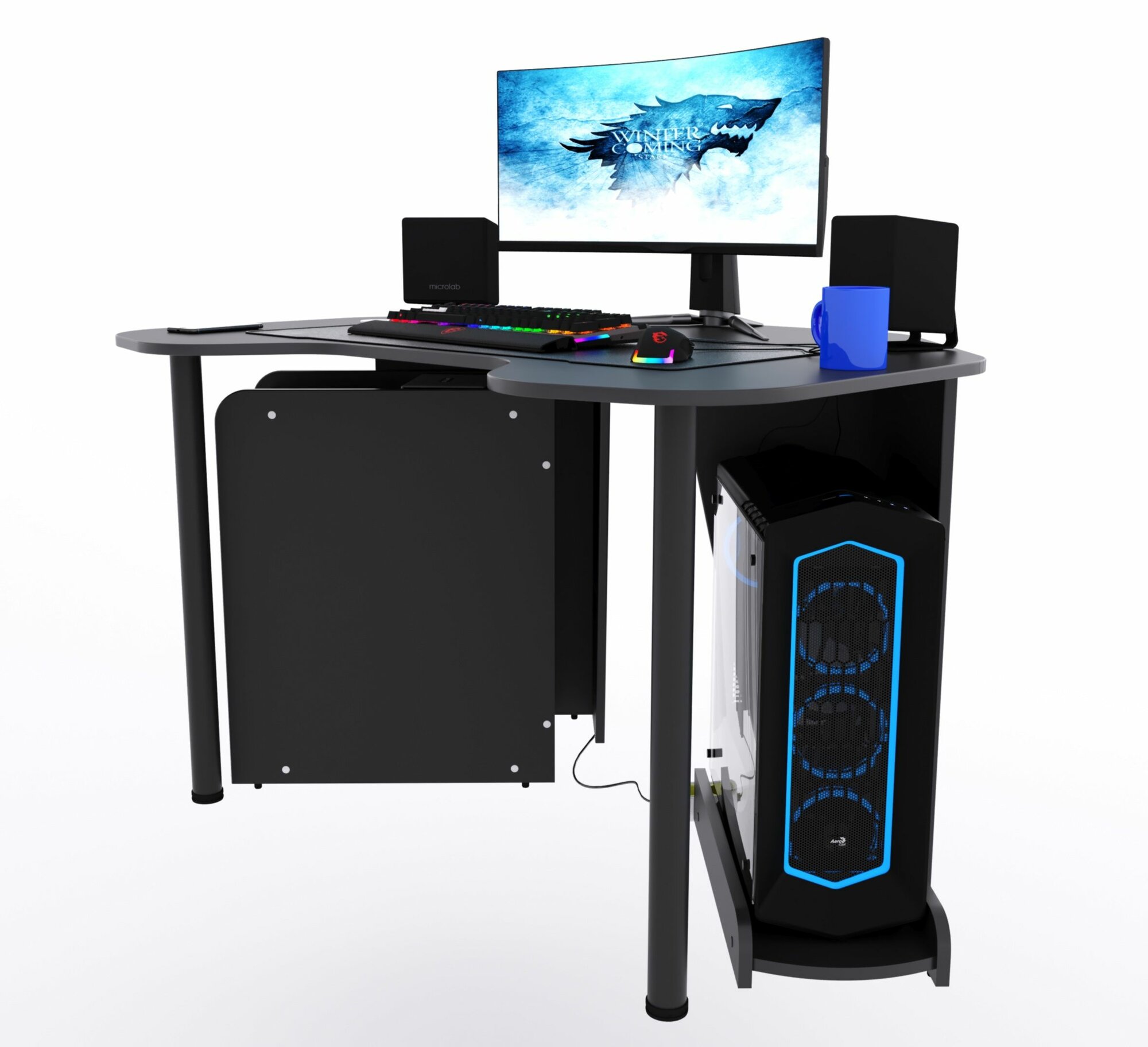 Угловой компьютерный стол "Угол" с тумбой, 140x87x75 см, полностью чёрный