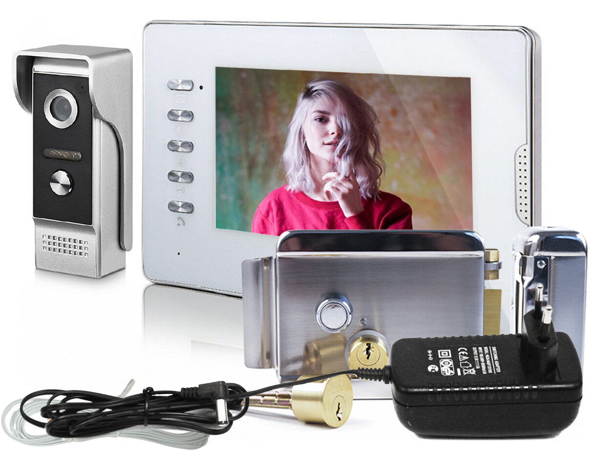 Набор: цветной домофон ЕП-(7300-W) + Lock-AX/042 (F1459EU) и вызывная панель для дома - замок на калитку с домофоном