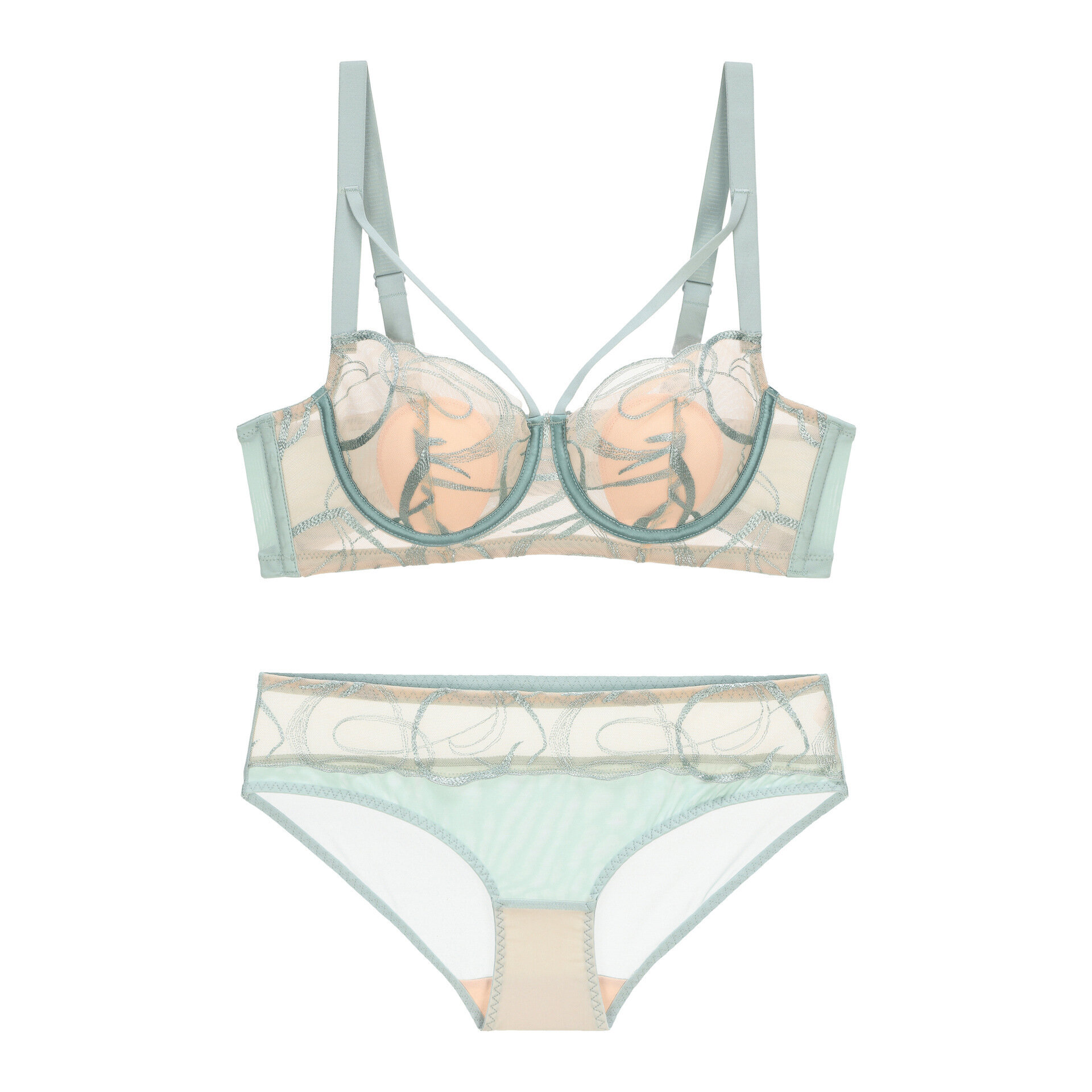 Нижнее белье во французском стиле, женственный комплект из кружева и бюстгальтера с вышивкой тушью, тонкий хлопок, чашечки с «заячьими ушками», выгодно подчеркивающий большую грудь. Зеленый цвет.