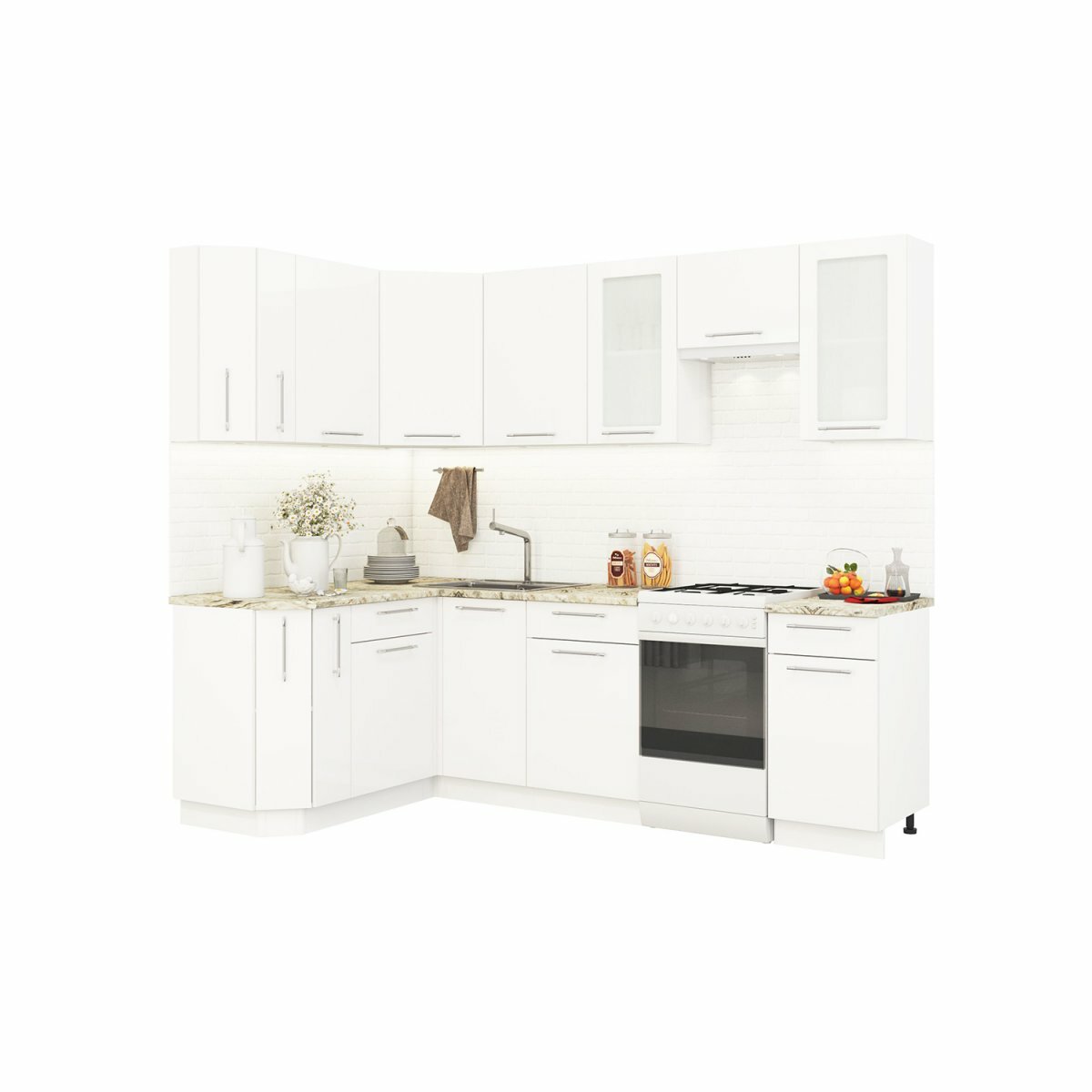 Модульная кухня Олива глянец 1,5х2,4 метра, фасады белый глянец МДФ, корпуса белые ЛДСП