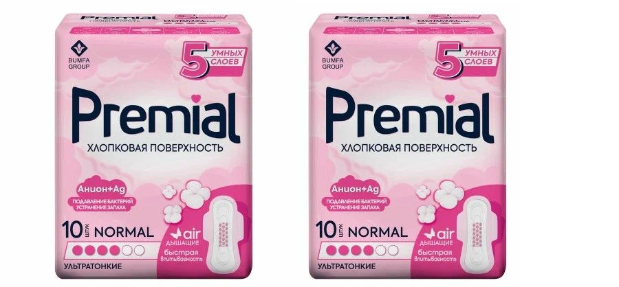 Прокладки женские Premial гигиенические с крылышками normal wings хлопковая поверхность 10 шт 2 уп