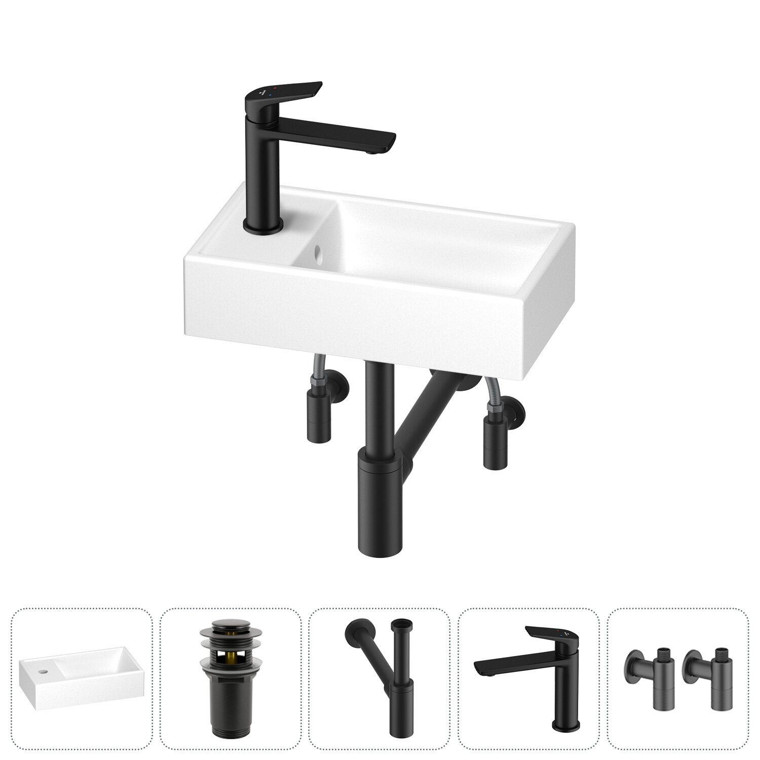 Маленькая раковина в ванную комнату или туалет Wellsee WC Area 202010500 в наборе 5 в 1: узкая раковина 40 см, донный клапан, сифон, смеситель, угловые вентили 2 шт (цвет набора матовый черный)