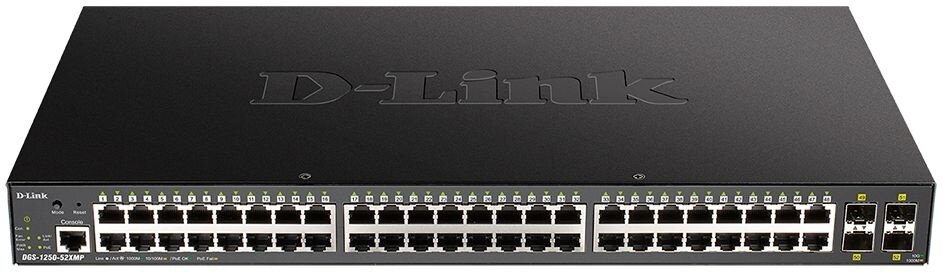 Коммутатор/ DGS-1250-52XMP Smart L2 Switch 48x1000Base-T PoE, 4х10GBase-X SFP+, PoE Budget 370W, CLI, RJ45 Console
