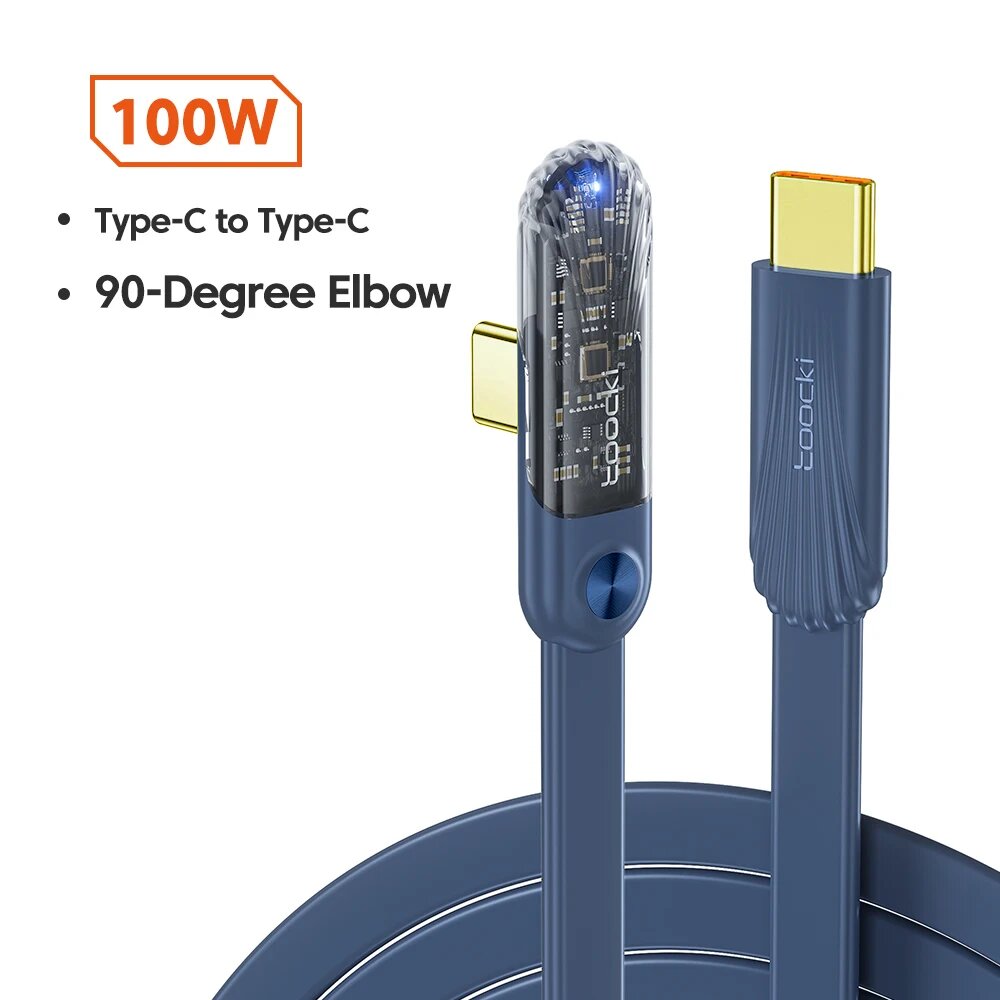 Toocki кабель Type-C на Type-C 100W, 1м, Blue, 90°