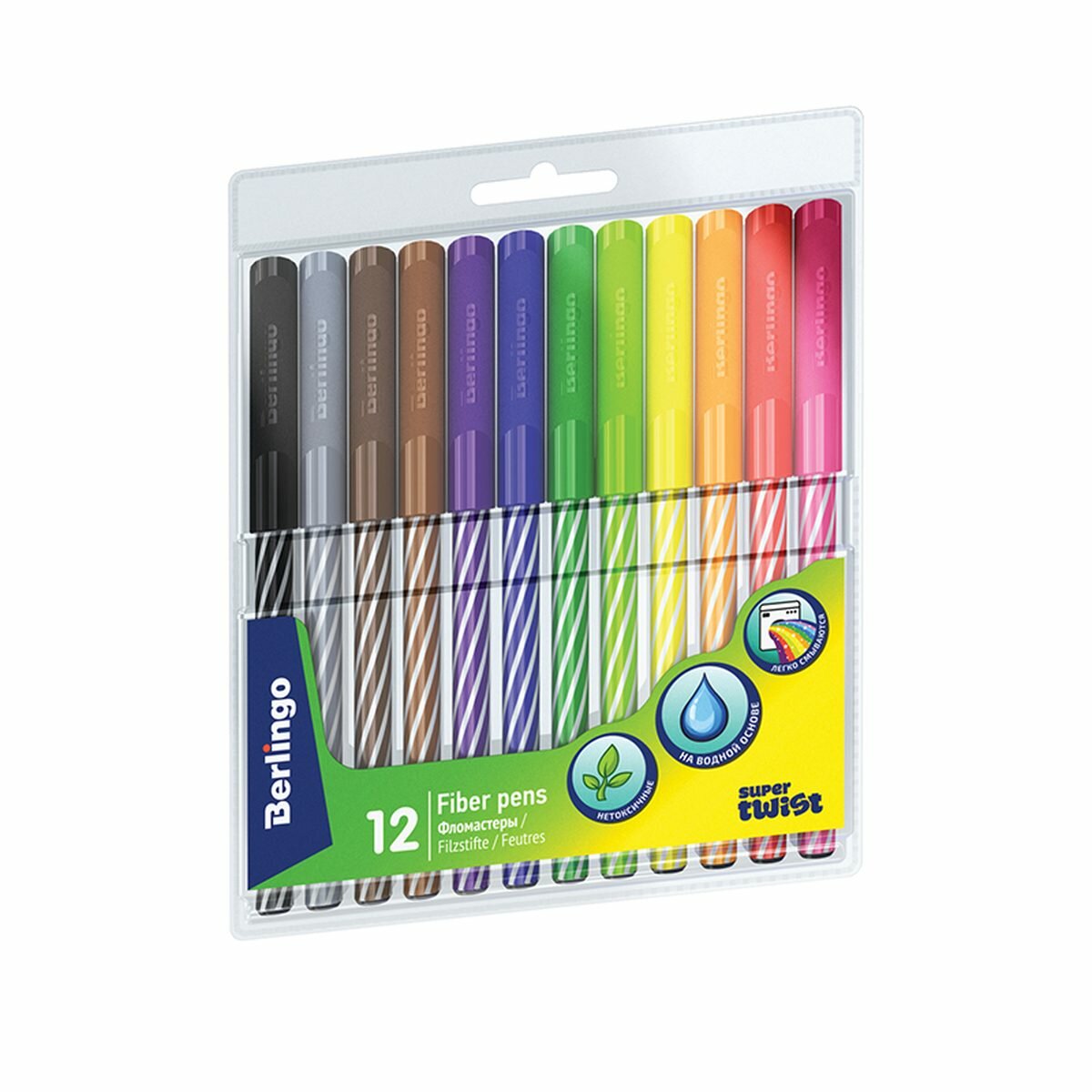 Набор фломастеров 12 цветов Berlingo SuperTwist (линия 2мм, смываемые, рисунок на корпусе) блистер (WP_03012), 12 уп.
