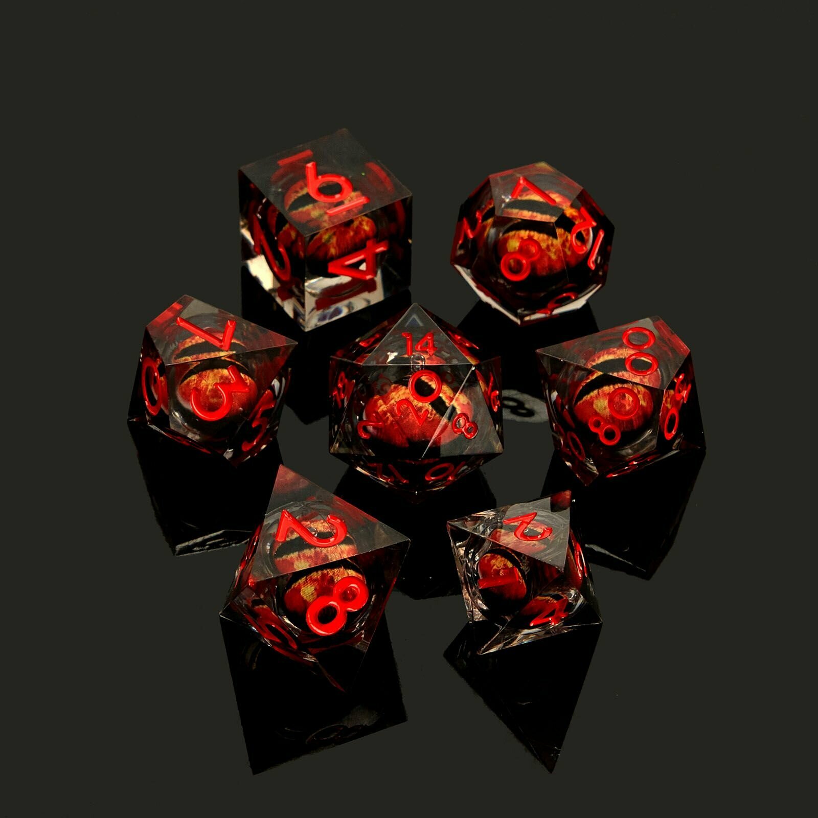 Кубики ДнД с драконьими глазами, набор из 7 полихедральных костей для Dungeons & Dragons, красная смола с черным и красным оформлением, ручная работа