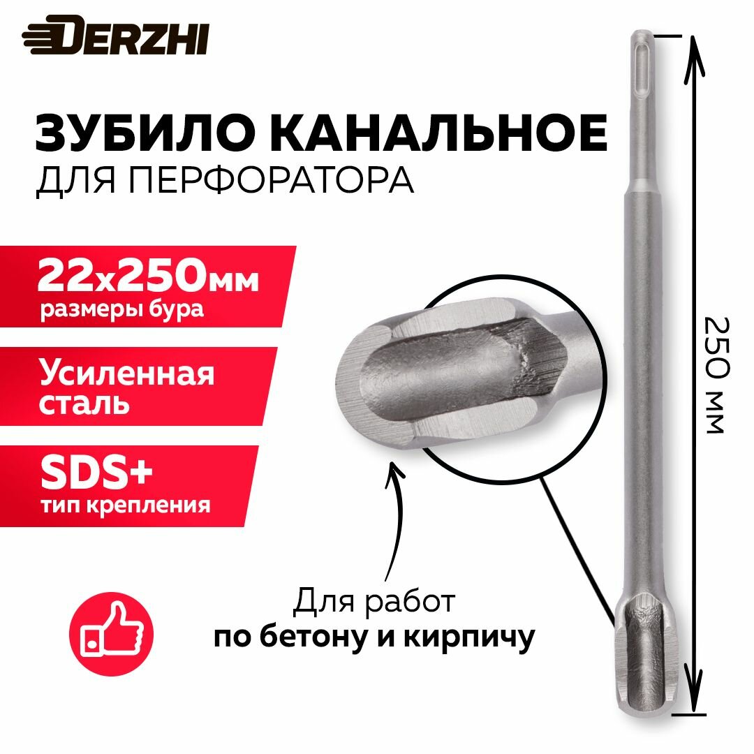 Зубило для перфораторов SDS+, канальное , инструментальная сталь, 250мм Derzhi