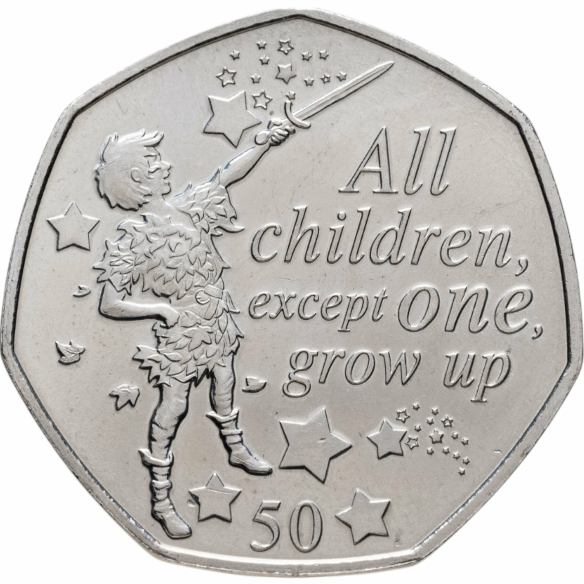 Остров Мэн 50 пенсов 2019 "Питер Пэн - Питер Пэн", Мельхиор медь-никель, в сохранности UNC