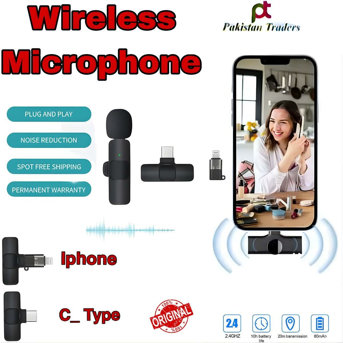 Беспроводной микрофон с шумоподавлением с 20-метровым диапазоном || Четкая запись звука и видео, порт Type C и Lightning