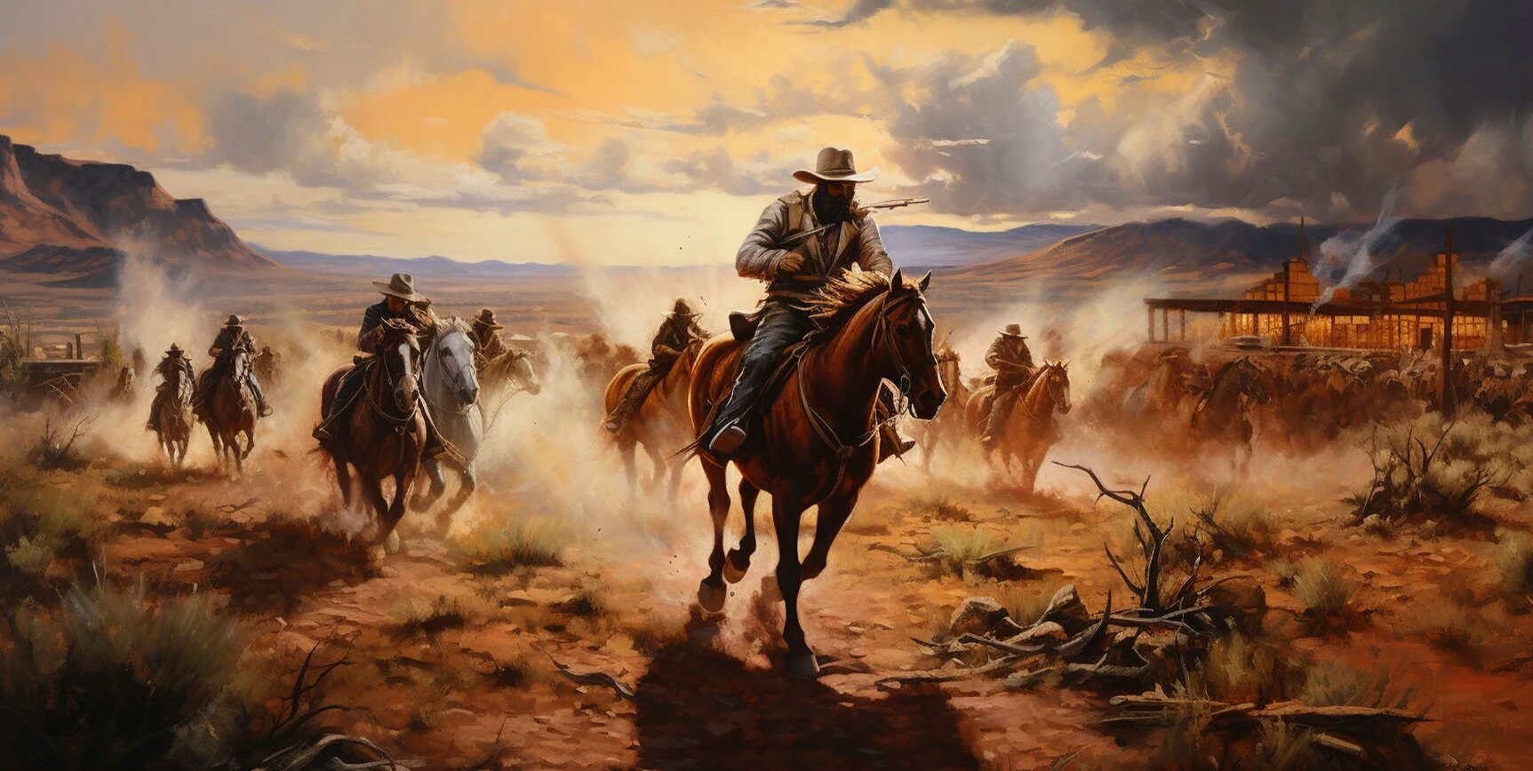 Картина "Ковбои верхом на лошади в пустыне", канваса, 2, 40x80cm Unframed