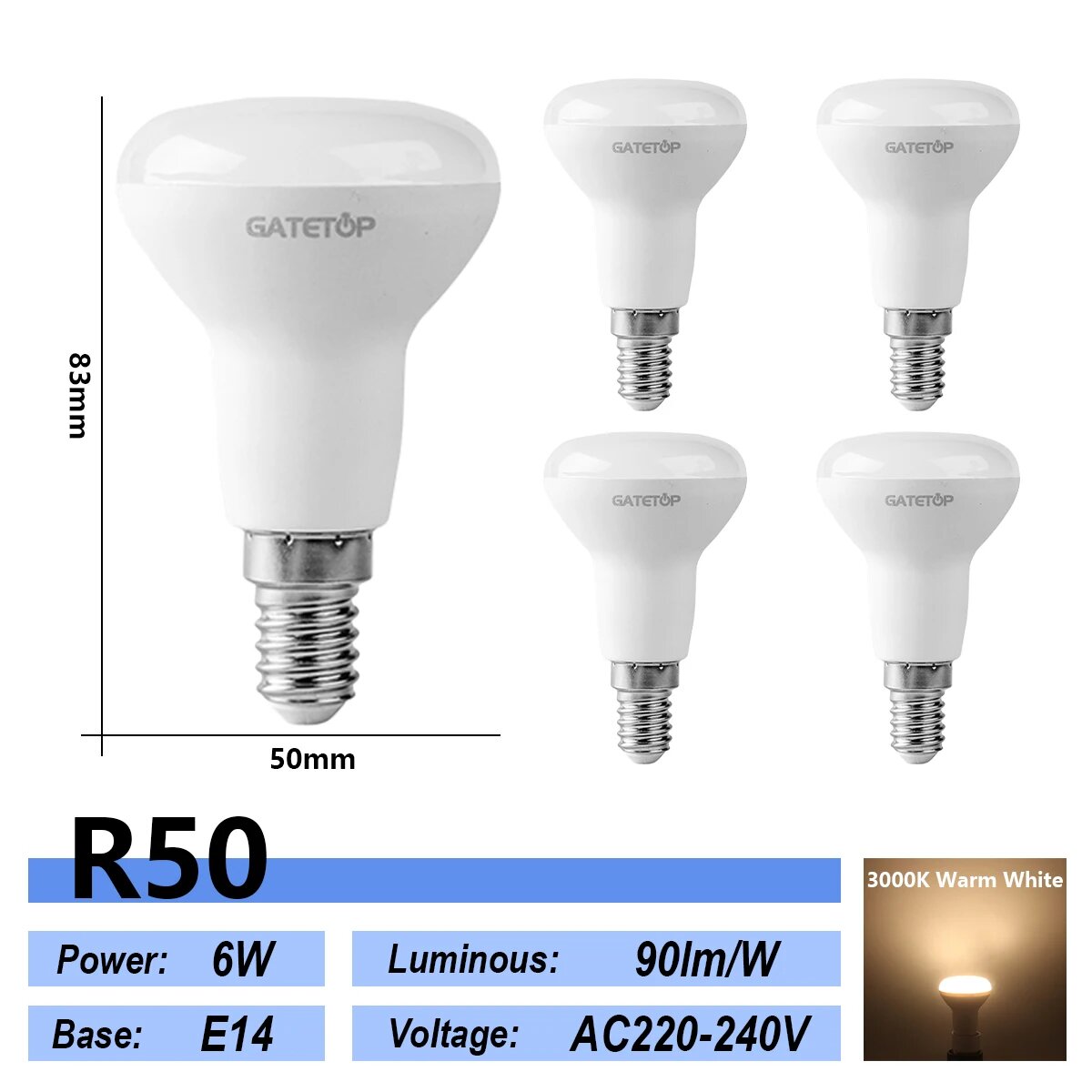 5 шт. светодиодная лампа для ванной Gatetop теплый белый свет 6Вт 10Вт 12Вт R50 3000K