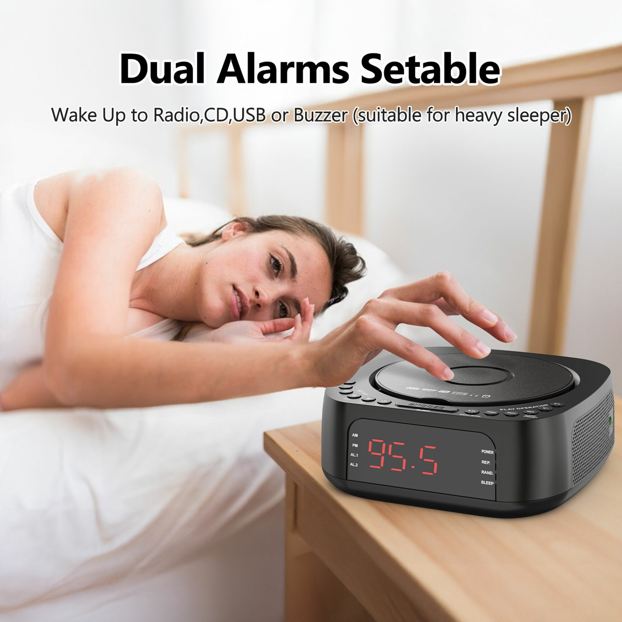 Будильник CD-плеера с дистанционным управлением, CD, MP3, Bluetooth, FM-радио с динамиками, зарядным устройством USB и регулируемым дисплеем для двойной сигнализации спальни с опциональным звуком.