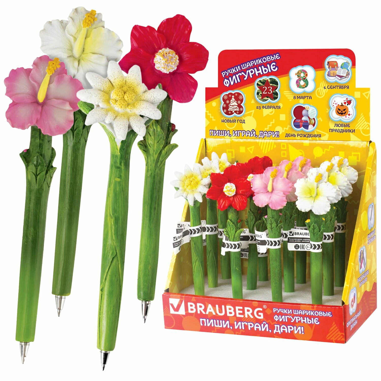Ручка фигурная "цветочки", синяя, 4 дизайна ассорти, линия письма 0,5 мм, дисплей, BRAUBERG, 142775 (упаковка 12 шт.)