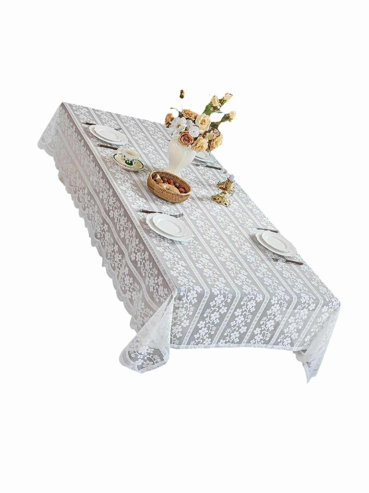 Скатерть, Белая кружевная скатерть с розами-150x200 см