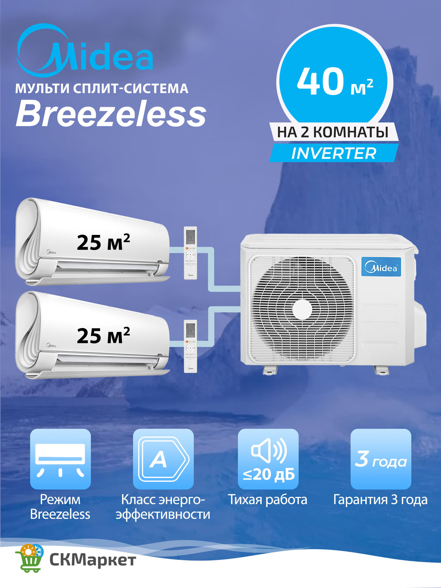 Мульти сплит система кондиционер на 2 комнаты (25+25) кв. м. Midea MSFA2-09N8D6-Ix2/M2OH-14HF8-Q1, кондиционер инверторный