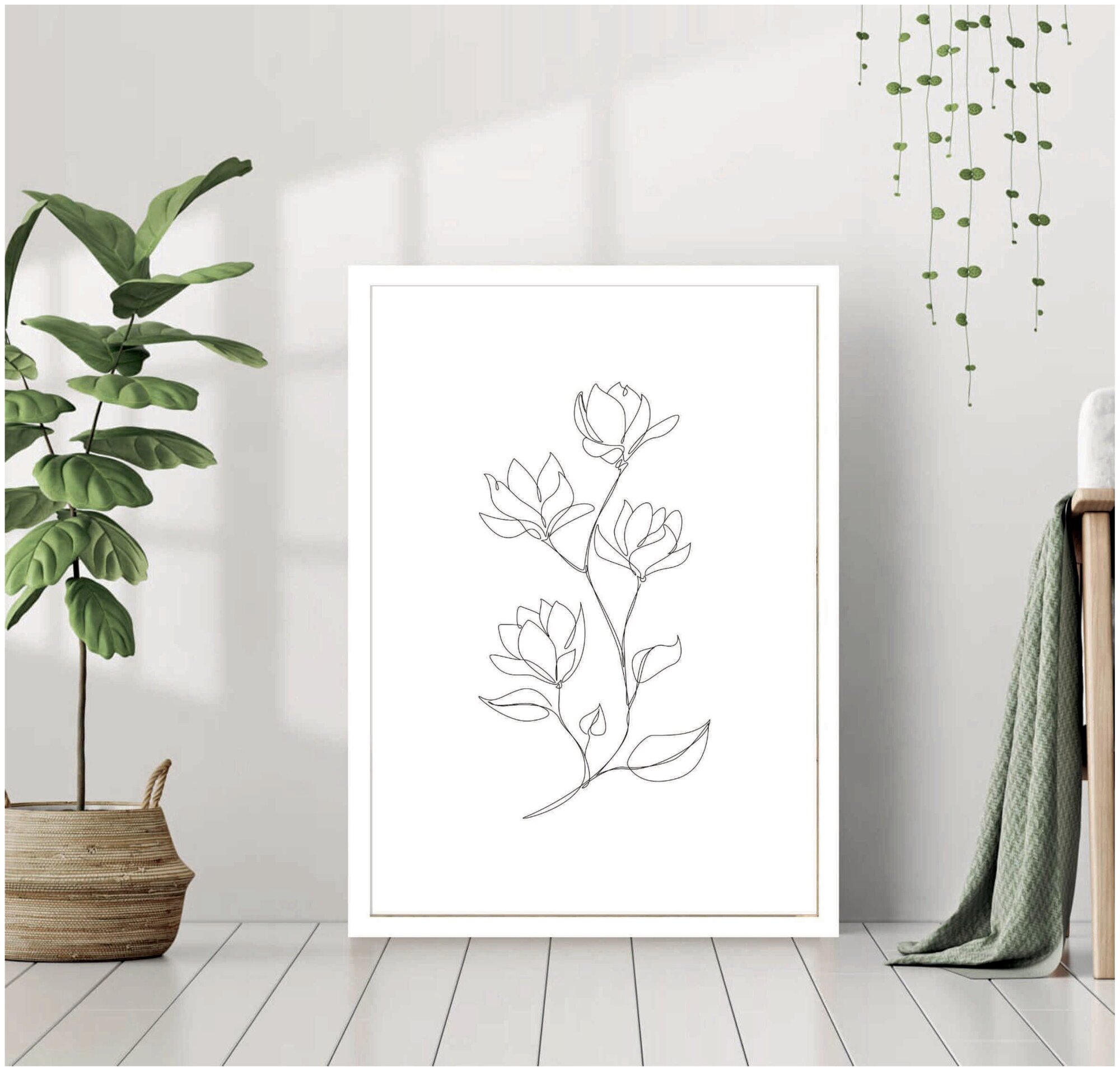 Постер "Ветка магнолии, линейный рисунок" 50x70 в белой рамке на стену для интерьера