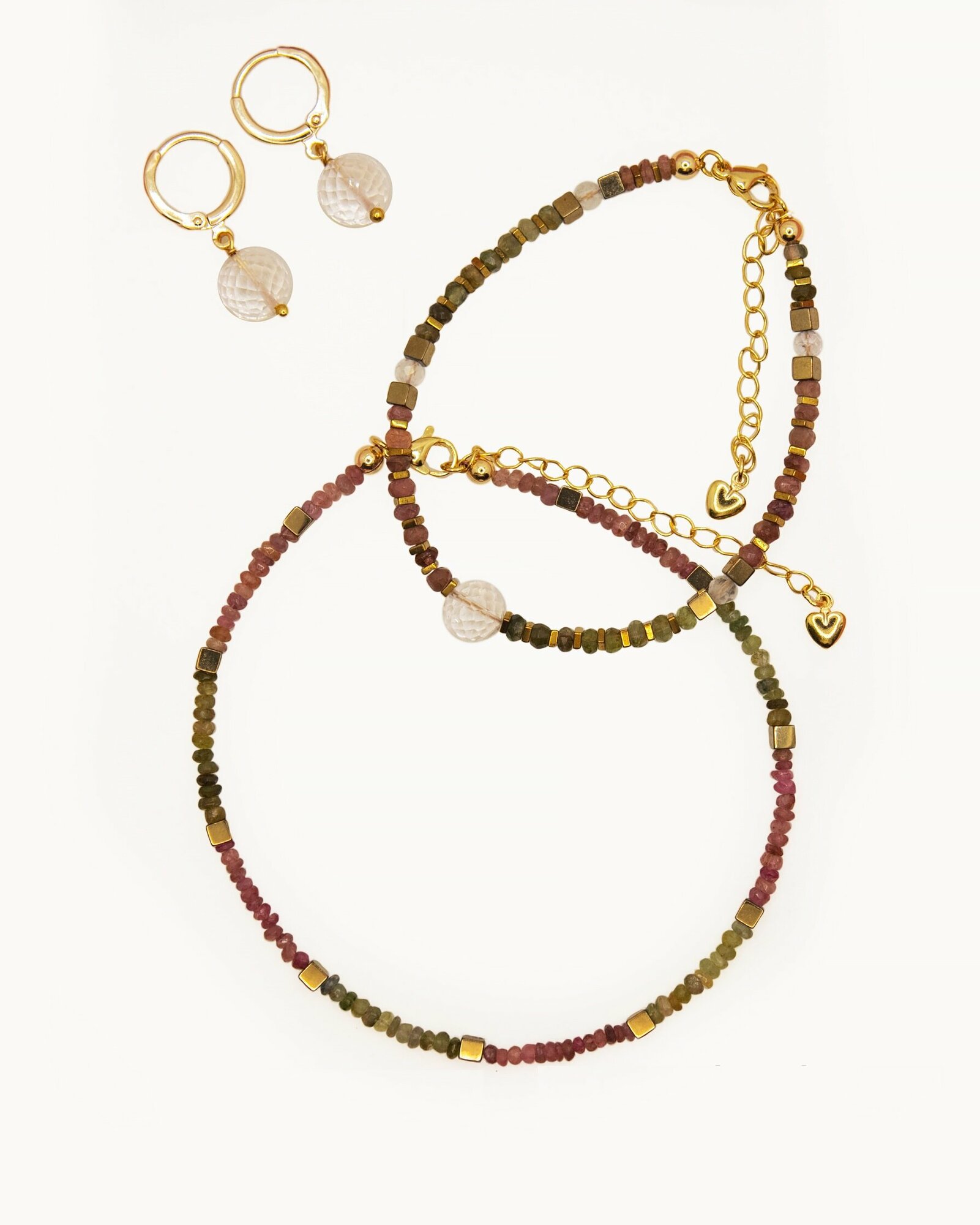 Комплект бижутерии Helena: браслет на ногу, серьги, браслет, горный хрусталь, турмалин, топаз, гематит